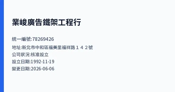 業峻廣告鐵架工程行的照片-統編 78269426(新北市) 公司登記資料與營業項目詳細圖表