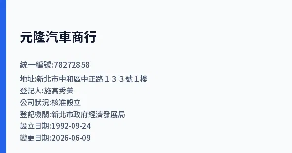 元隆汽車商行的照片-統編 78272858(新北市) 公司登記資料與營業項目詳細圖表