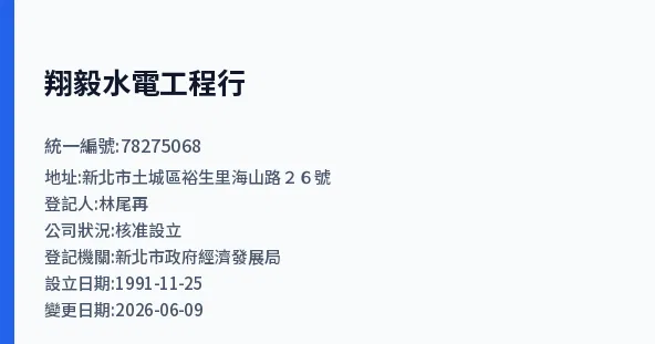 翔毅水電工程行的照片-統編 78275068(新北市) 公司登記資料與營業項目詳細圖表