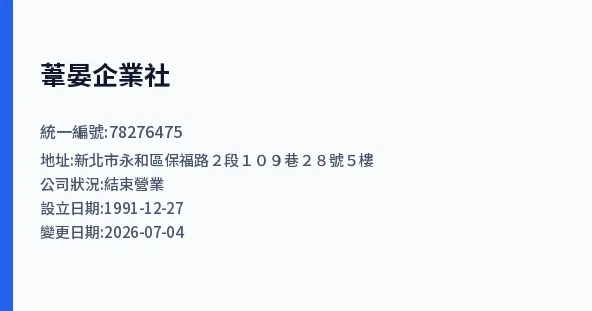 葦晏企業社的照片-統編 78276475(新北市) 公司登記資料與營業項目詳細圖表