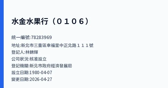 水金水果行(0106)的照片-統編 78283969(新北市) 公司登記資料與營業項目詳細圖表