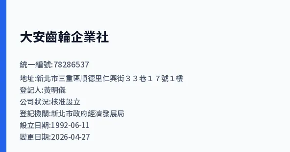大安齒輪企業社的照片-統編 78286537(新北市) 公司登記資料與營業項目詳細圖表