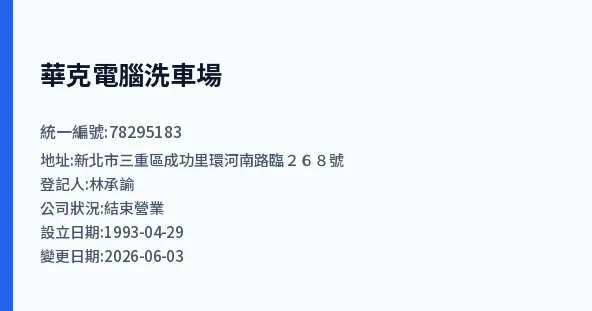 華克電腦洗車場的照片-統編 78295183(新北市) 公司登記資料與營業項目詳細圖表