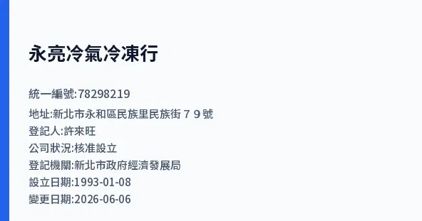 永亮冷氣冷凍行的照片-統編 78298219(新北市) 公司登記資料與營業項目詳細圖表