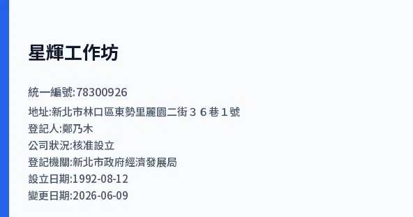 星輝工作坊的照片-統編 78300926(新北市) 公司登記資料與營業項目詳細圖表