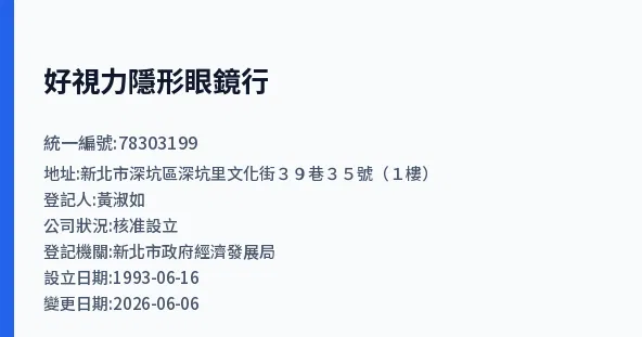 好視力隱形眼鏡行的照片-統編 78303199(新北市) 公司登記資料與營業項目詳細圖表