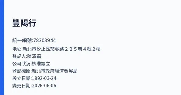 豐陽行的照片-統編 78303944(新北市) 公司登記資料與營業項目詳細圖表