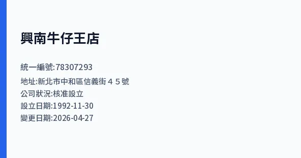 興南牛仔王店的照片-統編 78307293(新北市) 公司登記資料與營業項目詳細圖表