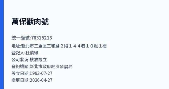 萬保獸肉號的照片-統編 78315218(新北市) 公司登記資料與營業項目詳細圖表