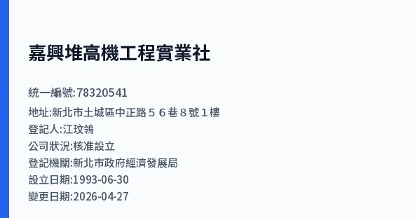嘉興堆高機工程實業社的照片-統編 78320541(新北市) 公司登記資料與營業項目詳細圖表
