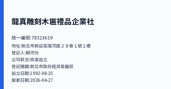 龍真雕刻木匾禮品企業社的照片-統編 78323619(新北市) 公司登記資料與營業項目詳細圖表