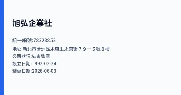 旭弘企業社的照片-統編 78328852(新北市) 公司登記資料與營業項目詳細圖表