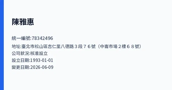 陳雅惠的照片-統編 78342496(臺北市) 公司登記資料與營業項目詳細圖表