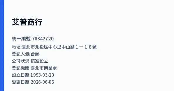 艾普商行的照片-統編 78342720(臺北市) 公司登記資料與營業項目詳細圖表