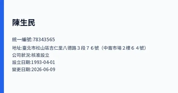 陳生民的照片-統編 78343565(臺北市) 公司登記資料與營業項目詳細圖表