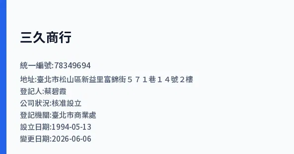 三久商行的照片-統編 78349694(臺北市) 公司登記資料與營業項目詳細圖表