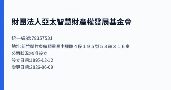 財團法人亞太智慧財產權發展基金會的照片-統編 78357531(新竹縣) 公司登記資料與營業項目詳細圖表