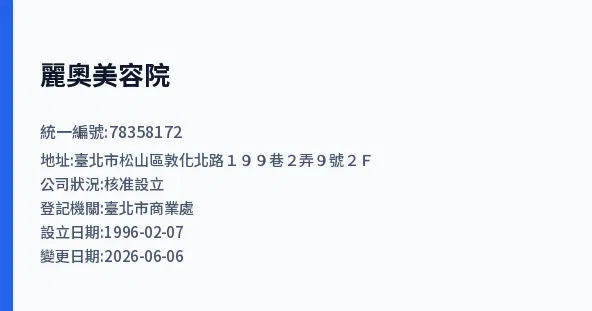 麗奧美容院的照片-統編 78358172(臺北市) 公司登記資料與營業項目詳細圖表
