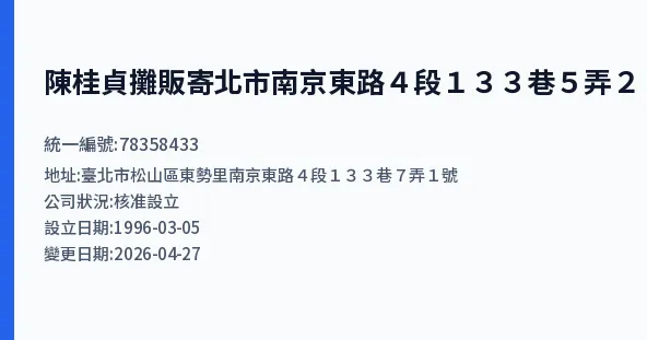 陳桂貞攤販寄北市南京東路4段133巷5弄27號2樓的照片-統編 78358433(臺北市) 公司登記資料與營業項目詳細圖表