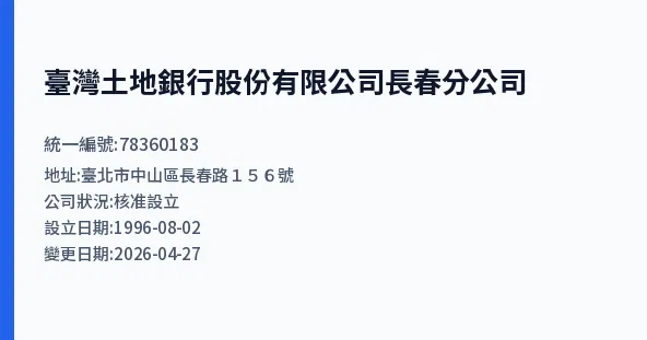 臺灣土地銀行股份有限公司長春分公司的照片-統編 78360183(臺北市) 公司登記資料與營業項目詳細圖表
