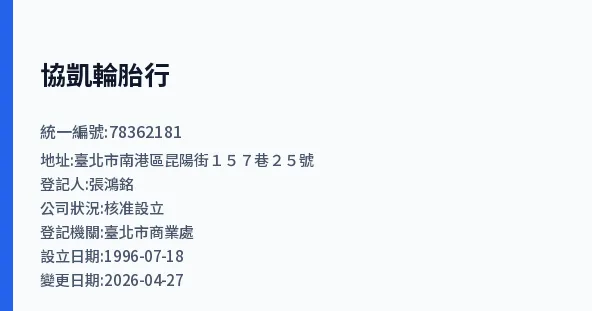 協凱輪胎行的照片-統編 78362181(臺北市) 公司登記資料與營業項目詳細圖表