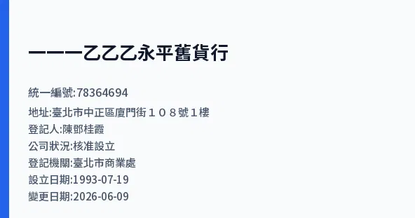 一一一乙乙乙永平舊貨行的照片-統編 78364694(臺北市) 公司登記資料與營業項目詳細圖表