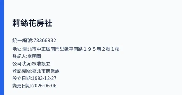 莉絲花房社的照片-統編 78366932(臺北市) 公司登記資料與營業項目詳細圖表