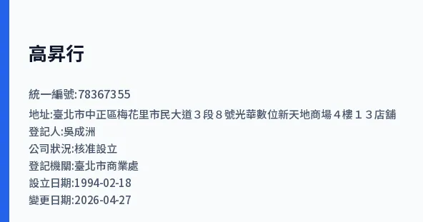 高昇行的照片-統編 78367355(臺北市) 公司登記資料與營業項目詳細圖表
