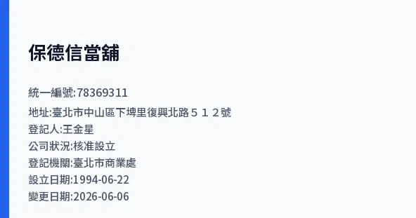 保德信當舖的照片-統編 78369311(臺北市) 公司登記資料與營業項目詳細圖表