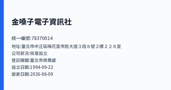 金嗓子電子資訊社的照片-統編 78370014(臺北市) 公司登記資料與營業項目詳細圖表