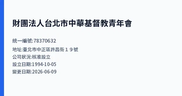 財團法人台北市中華基督教青年會的照片-統編 78370632(臺北市) 公司登記資料與營業項目詳細圖表
