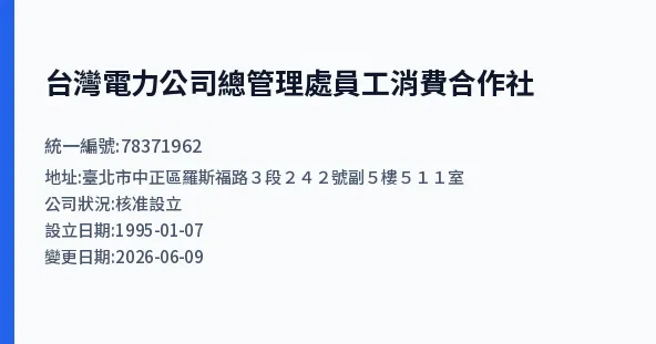台灣電力公司總管理處員工消費合作社的照片-統編 78371962(臺北市) 公司登記資料與營業項目詳細圖表