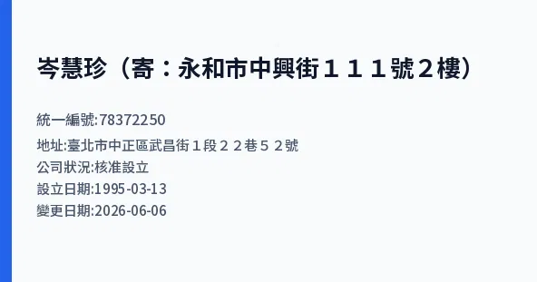 岑慧珍(寄:永和市中興街111號2樓)的照片-統編 78372250(臺北市) 公司登記資料與營業項目詳細圖表