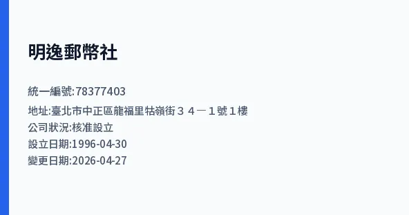 明逸郵幣社的照片-統編 78377403(臺北市) 公司登記資料與營業項目詳細圖表