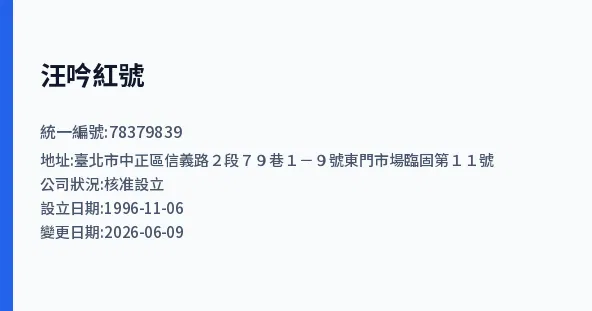 汪吟紅號的照片-統編 78379839(臺北市) 公司登記資料與營業項目詳細圖表