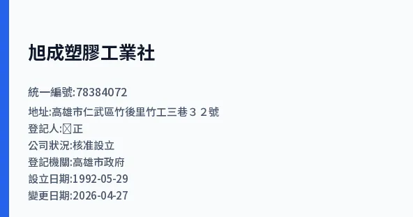 旭成塑膠工業社的照片-統編 78384072(高雄市) 公司登記資料與營業項目詳細圖表