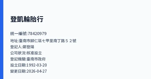 登凱輪胎行的照片-統編 78420979(臺南市) 公司登記資料與營業項目詳細圖表
