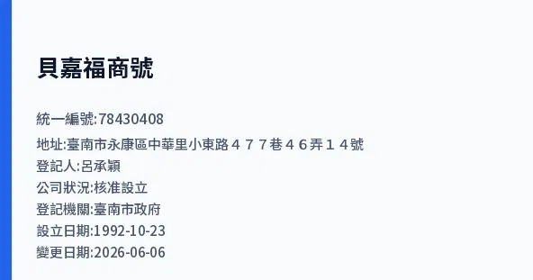 貝嘉福商號的照片-統編 78430408(臺南市) 公司登記資料與營業項目詳細圖表