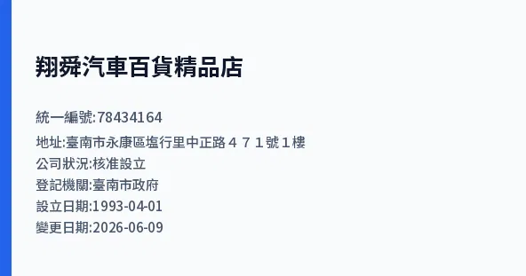 翔舜汽車百貨精品店的照片-統編 78434164(臺南市) 公司登記資料與營業項目詳細圖表