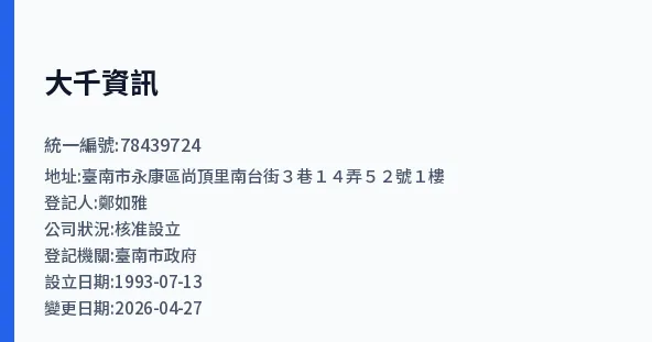 大千資訊的照片-統編 78439724(臺南市) 公司登記資料與營業項目詳細圖表