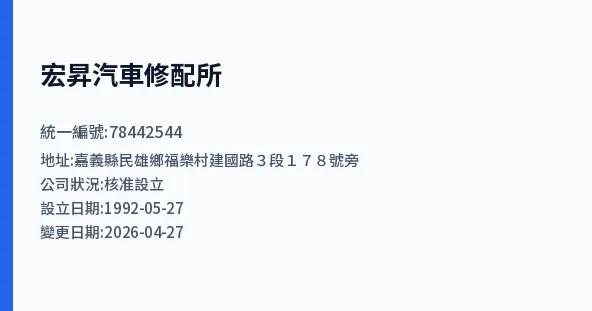 宏昇汽車修配所的照片-統編 78442544(嘉義縣) 公司登記資料與營業項目詳細圖表
