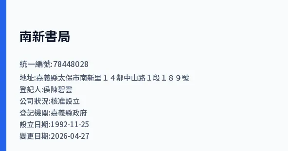 南新書局的照片-統編 78448028(嘉義縣) 公司登記資料與營業項目詳細圖表