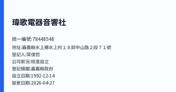 瑋歌電器音響社的照片-統編 78448548(嘉義縣) 公司登記資料與營業項目詳細圖表