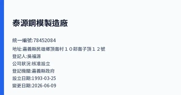 泰源鋼模製造廠的照片-統編 78452084(嘉義縣) 公司登記資料與營業項目詳細圖表