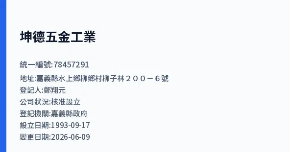 坤德五金工業的照片-統編 78457291(嘉義縣) 公司登記資料與營業項目詳細圖表