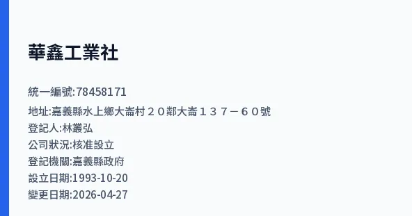 華鑫工業社的照片-統編 78458171(嘉義縣) 公司登記資料與營業項目詳細圖表