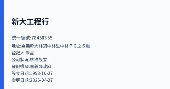 新大工程行的照片-統編 78458355(嘉義縣) 公司登記資料與營業項目詳細圖表