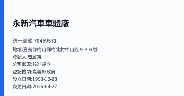 永新汽車車體廠的照片-統編 78459571(嘉義縣) 公司登記資料與營業項目詳細圖表