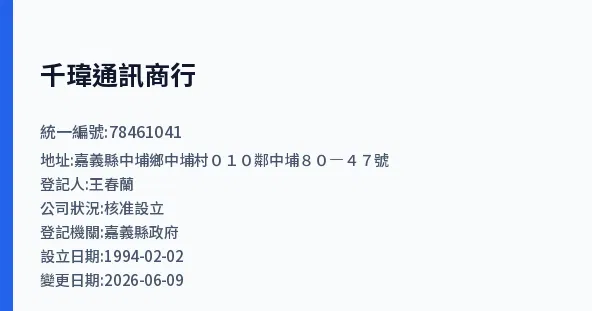 千瑋通訊商行的照片-統編 78461041(嘉義縣) 公司登記資料與營業項目詳細圖表