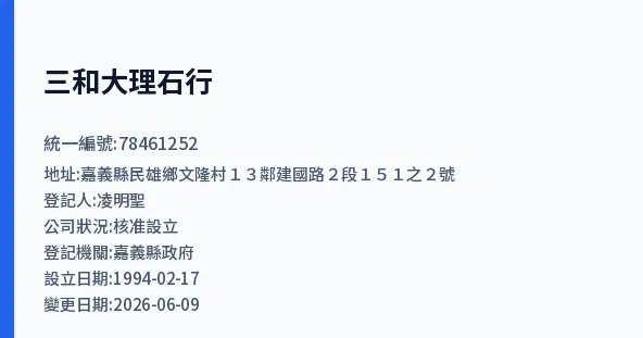 三和大理石行的照片-統編 78461252(嘉義縣) 公司登記資料與營業項目詳細圖表